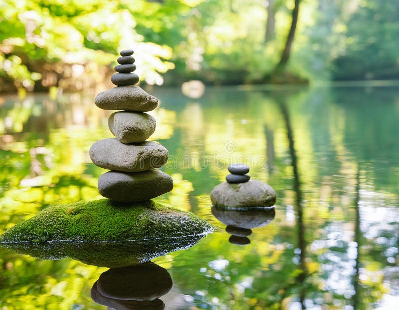 Balanced Stone Stacks on Tranquil Water Surface Reflecting Peace and ...