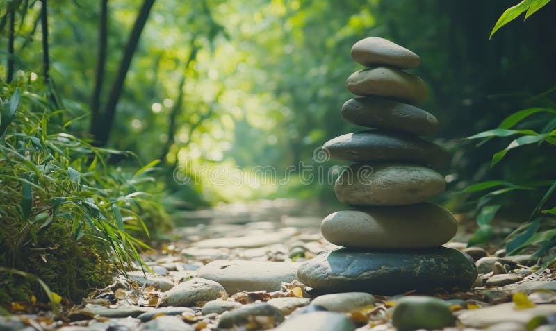 Balanced Stone Tower in Serene Forest Setting, Surrounded by Lush ...