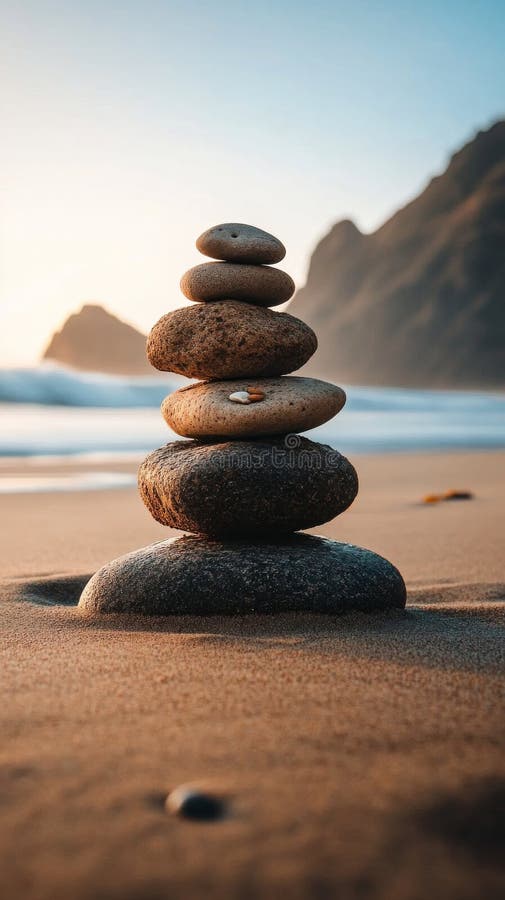 Balanced Stones on a Beach at Sunset Creating a Peaceful Atmosphere ...