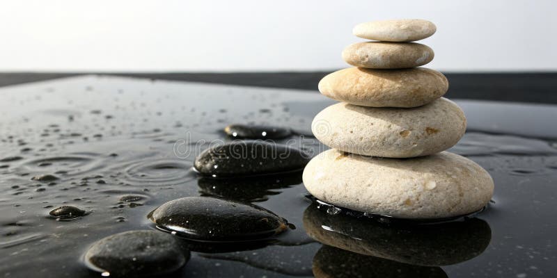 Balanced Stones Create a Calming Effect on a Reflective Surface in a ...