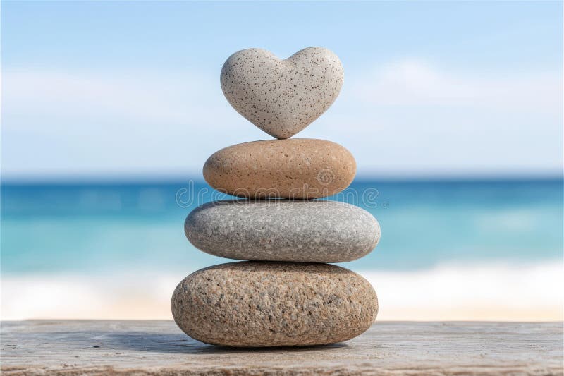 Balanced Stones with Heart-shaped Rock on Beach Stock Illustration ...