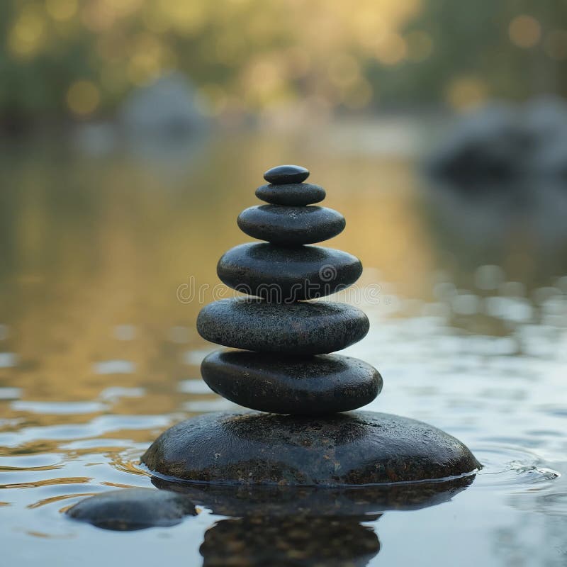 Stack of Smooth Stones Balanced on Calm Water in a Serene Setting Stock ...