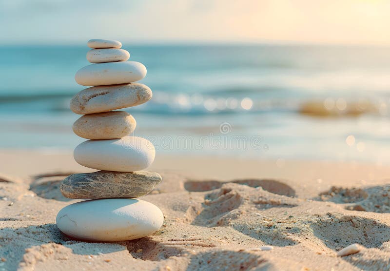 Balanced Stones on Sandy Beach with Ocean Background Stock Illustration ...