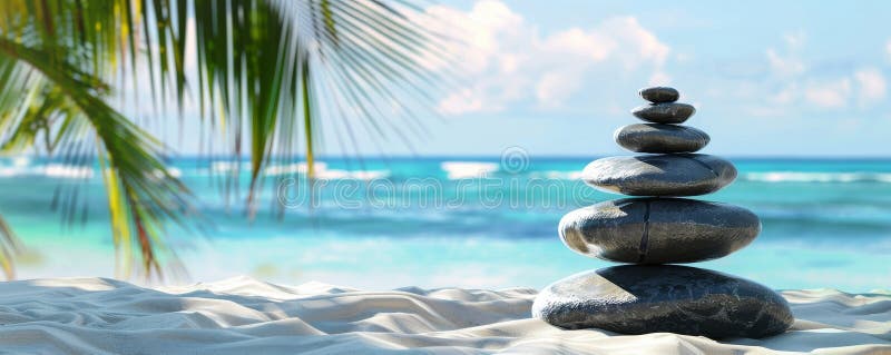 Balanced Stones on Sandy Beach with Palm Tree in Foreground, Serene ...