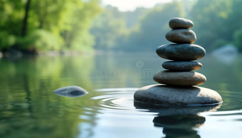 Balanced Stones Stack on Calm Water Surface. Tranquil Natural Scene ...