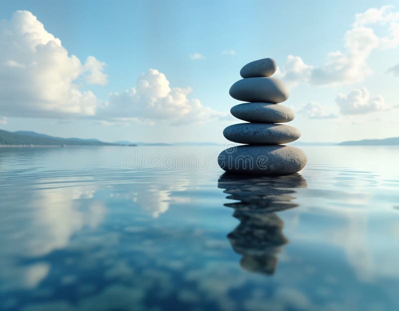 Balanced Stones Stack on Calm Water Surface. Tranquil Scene Reflects ...
