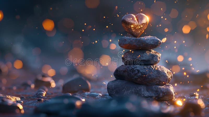 Balanced Stones Stack with Glowing Heart-shaped Object and Sparkling ...