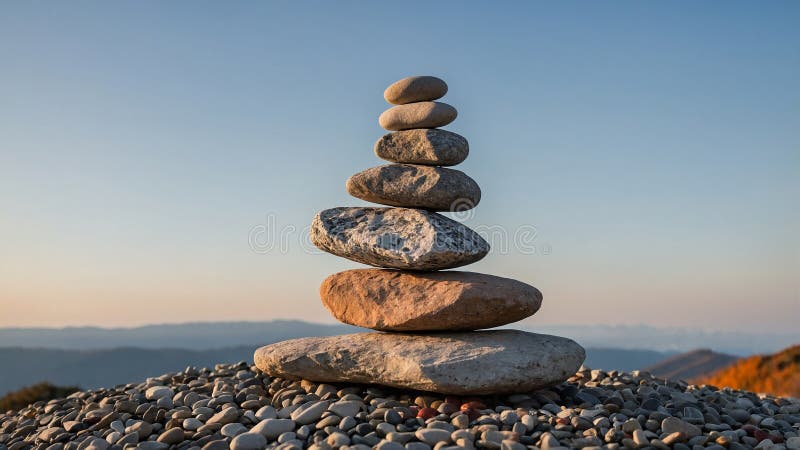 Balanced Stones Stack on Rocky Surface with Clear Blue Sky and Distant ...