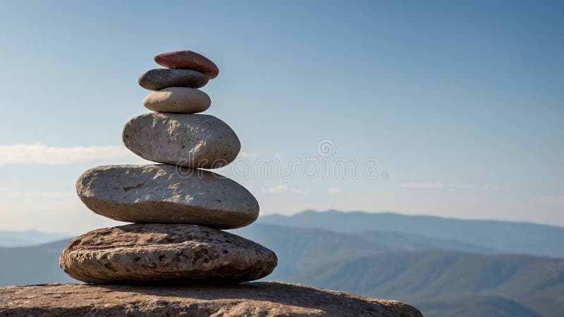 Balanced Stones Stack on Rocky Surface with Clear Blue Sky and Distant ...