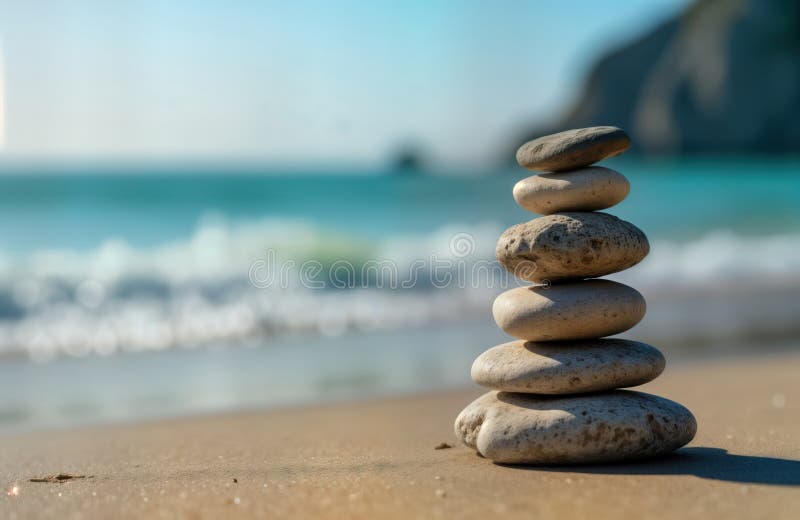 Balanced Stones Stack on Sandy Beach Calm Ocean Water. Tranquil Scene ...