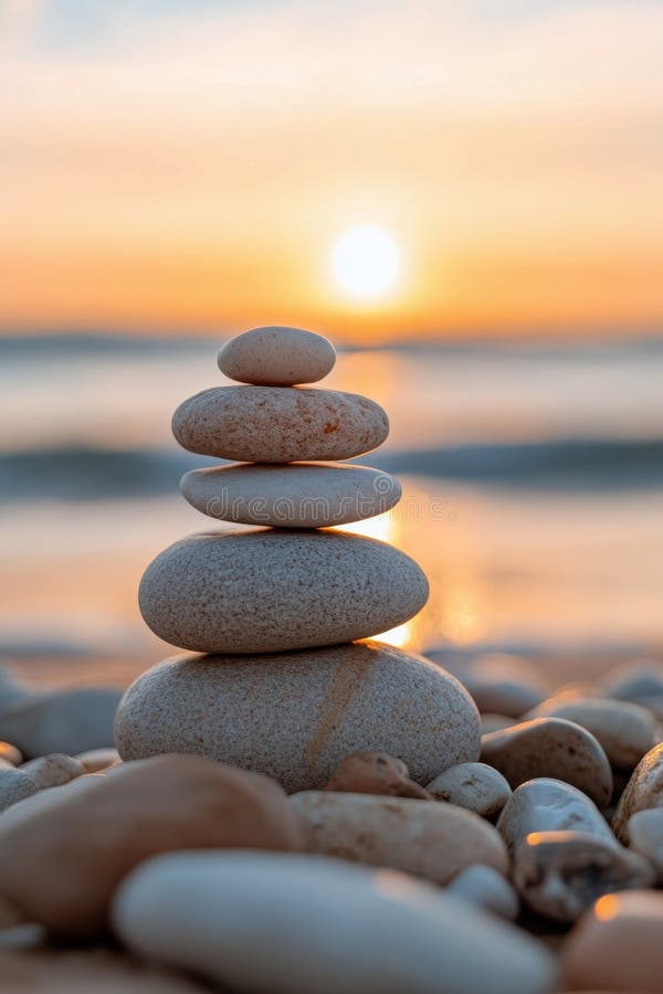 Smooth Stones Stacked Balanced Tower Sandy Beach Sunset Stock Photos ...