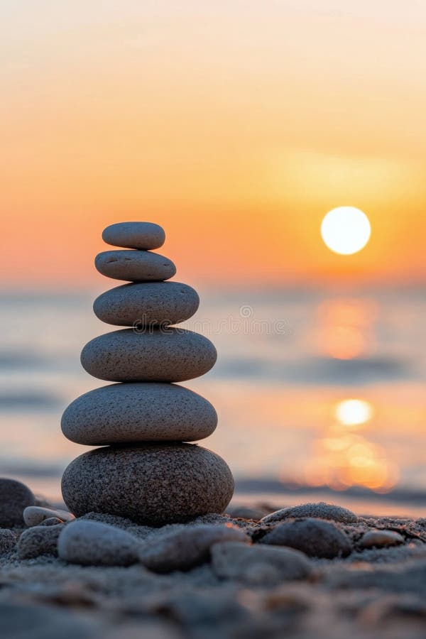 Balanced Stones Stacked on the Beach with a Beautiful Sunset in the ...