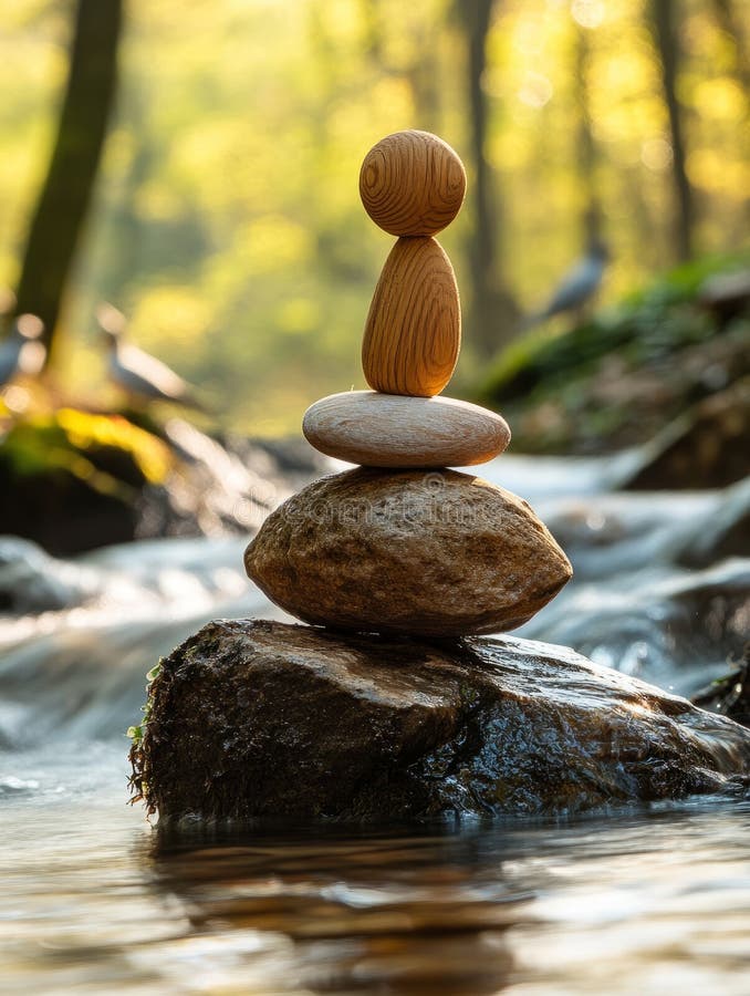 Balanced Stones Stacked in a Tranquil Forest Stream. Stock Photo ...