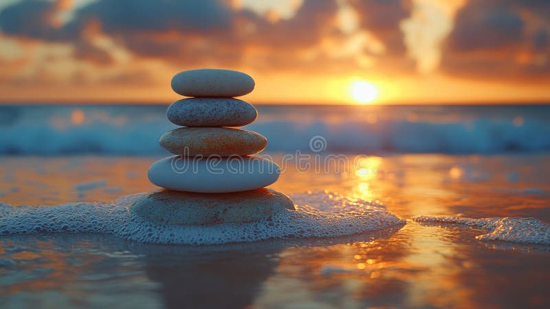 Balanced Stones with Sunset Reflection on Beach, Serene Scene with ...