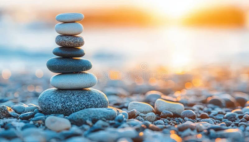 Balanced Stones Tower at Sunset on a Pebbly Shore by the Water S Edge ...