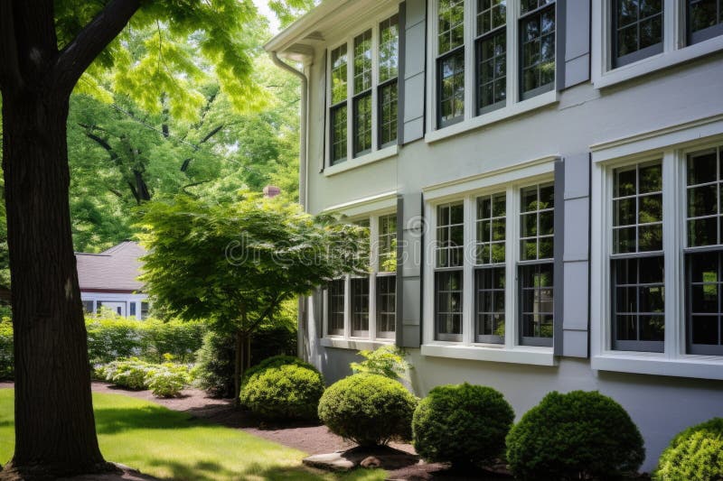 Balanced Windows of a Colonial House Under the Shade of Trees Stock ...