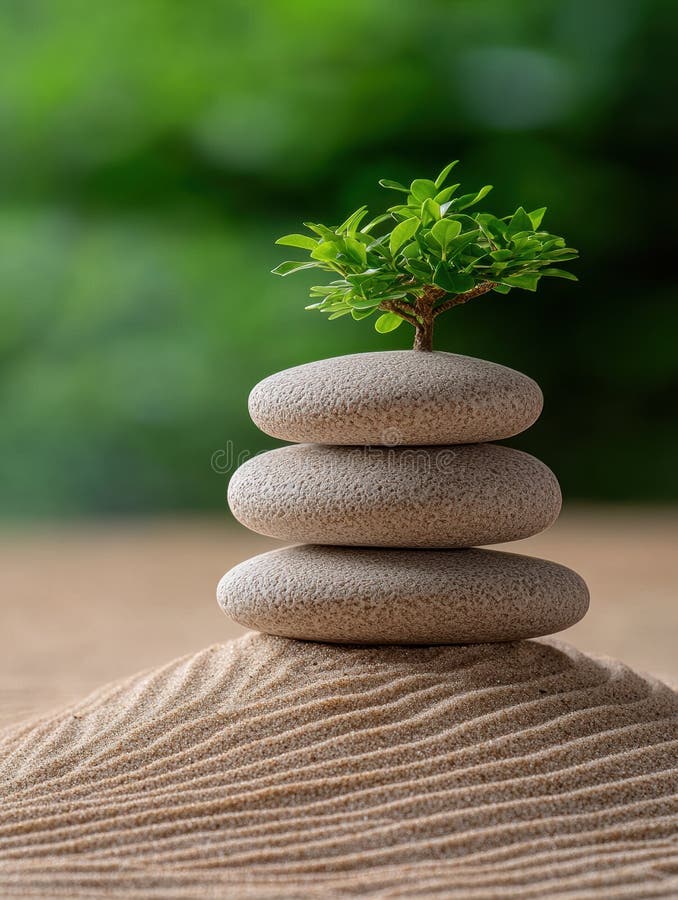 Balanced Zen Garden with Stacked Stones and Small Tree Stock ...