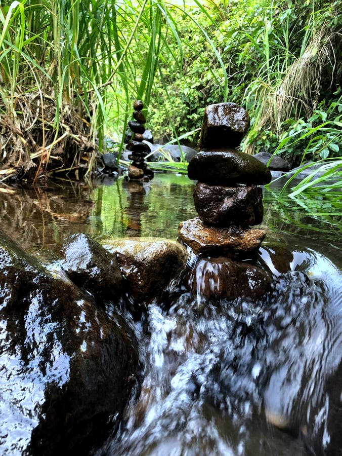 Balanced Zen Rock Stacks in a Creek Stock Image - Image of cairn ...