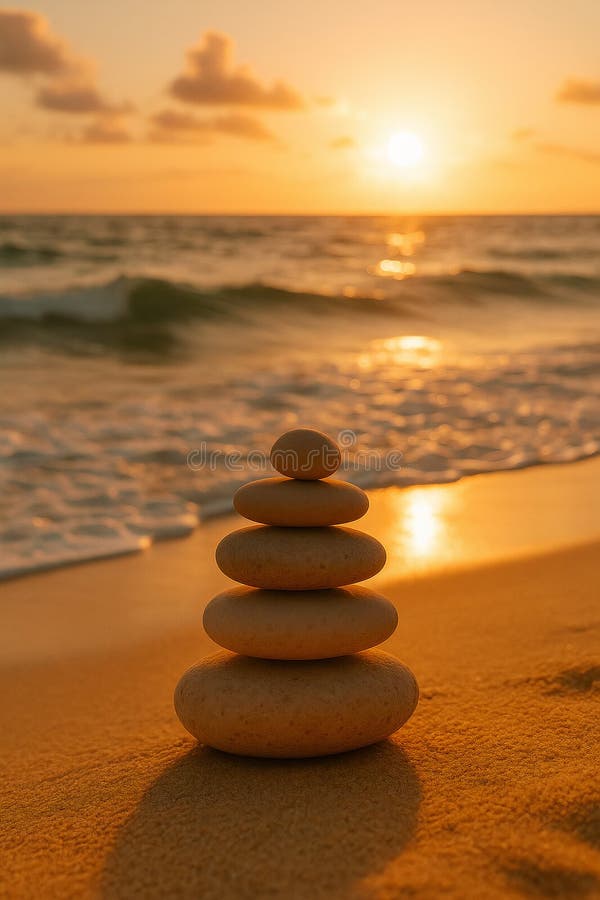Balanced Zen Stones on Beach during Sunset – Tranquil Mindfulness Scene ...