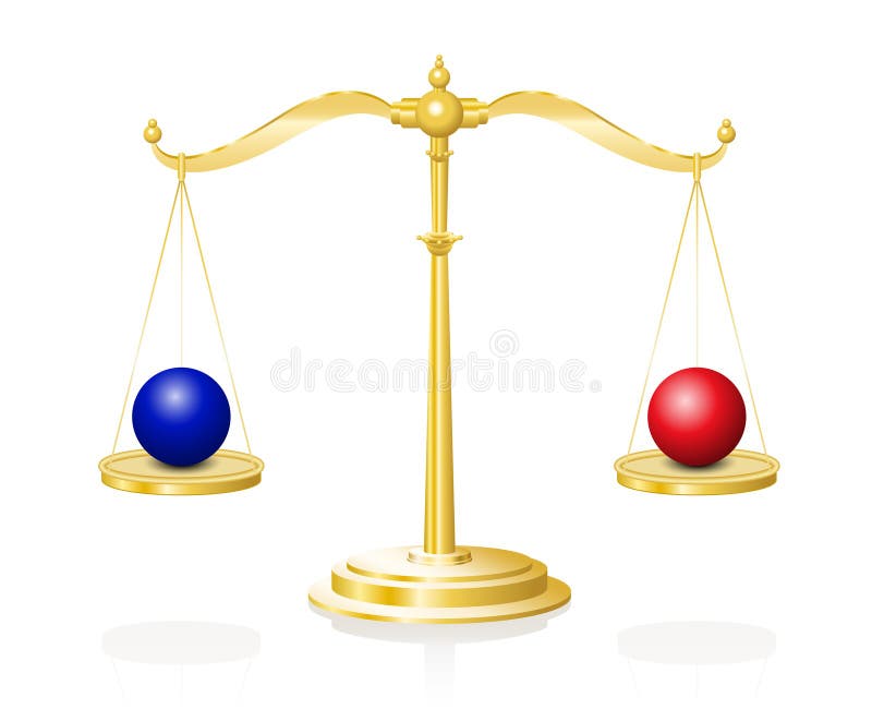 Brass Balance Scales with Blue and Red Sphere in Perfect Balance Stock ...