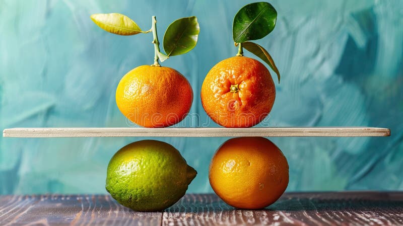 Balancing Citrus on the Table, Copy Space. Equilibrium Floating Food ...