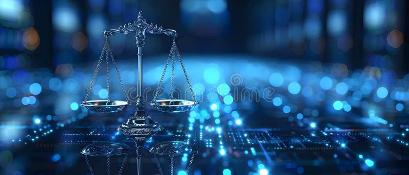 Balancing Digital Justice: Scales Amidst Blue Tech Glow. Concept ...