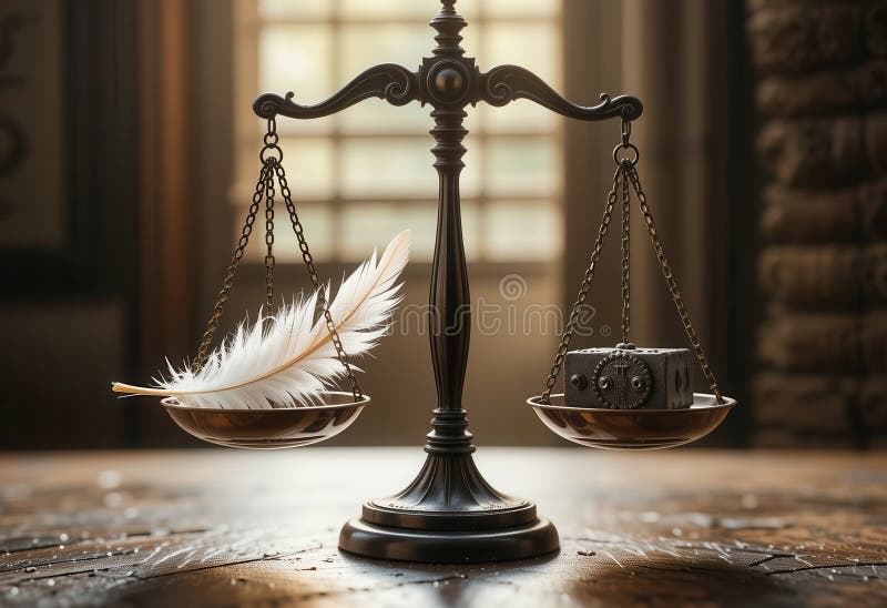 Balancing Justice with Feather and Weight on Antique Scales Stock ...