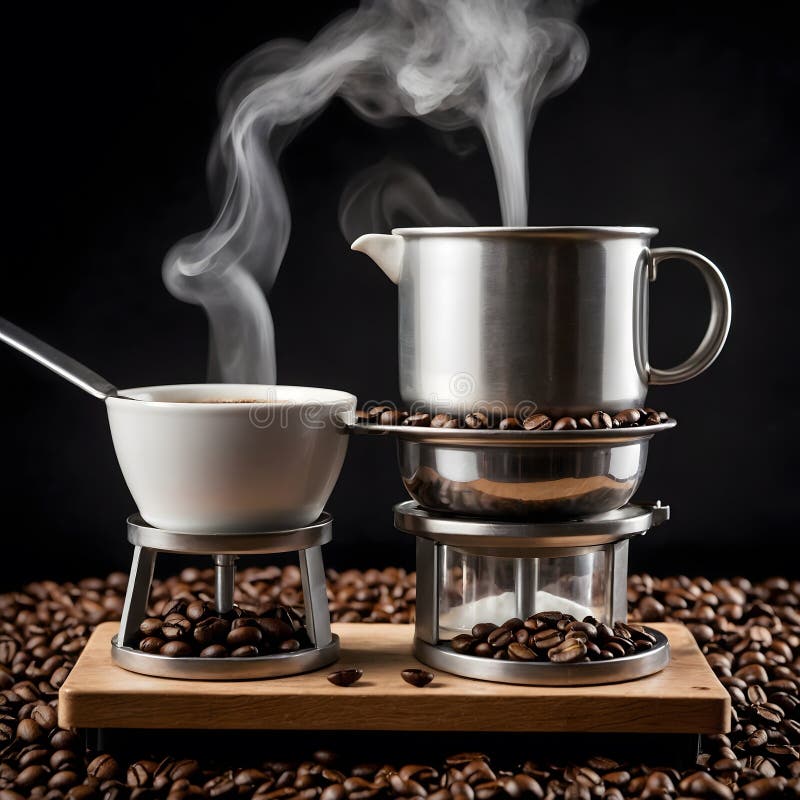 Balancing Raw Coffee Beans and Steaming Coffee Cup, Representing ...