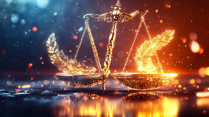 Balancing Scales Display Glowing Feathers and Vibrant Lights, Creating ...