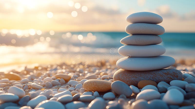 Balancing Smooth Pebbles Forms a Structured Tower on the Sandy Beach ...