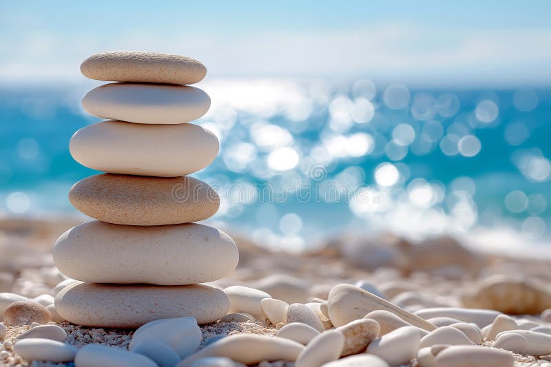 Balancing Smooth Pebbles Forms a Structured Tower on the Sandy Beach ...