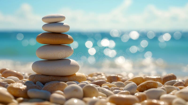 Balancing Smooth Pebbles Forms a Structured Tower on the Sandy Beach ...