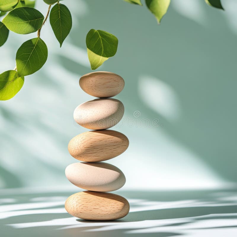 Balancing Stones with Green Leaves on Blue Background. 3D Rendering ...