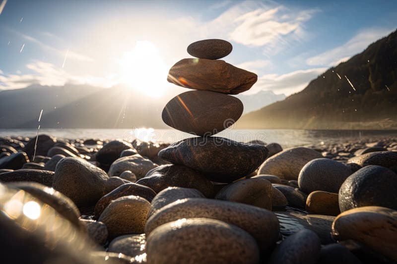 Balancing Stones on a Pebble Beach. Generative AI Stock Illustration ...