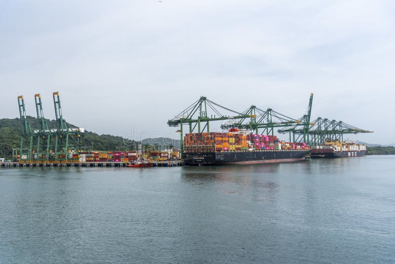 Panorama of the Container Terminal with Gantry Cranes and Berthed ...