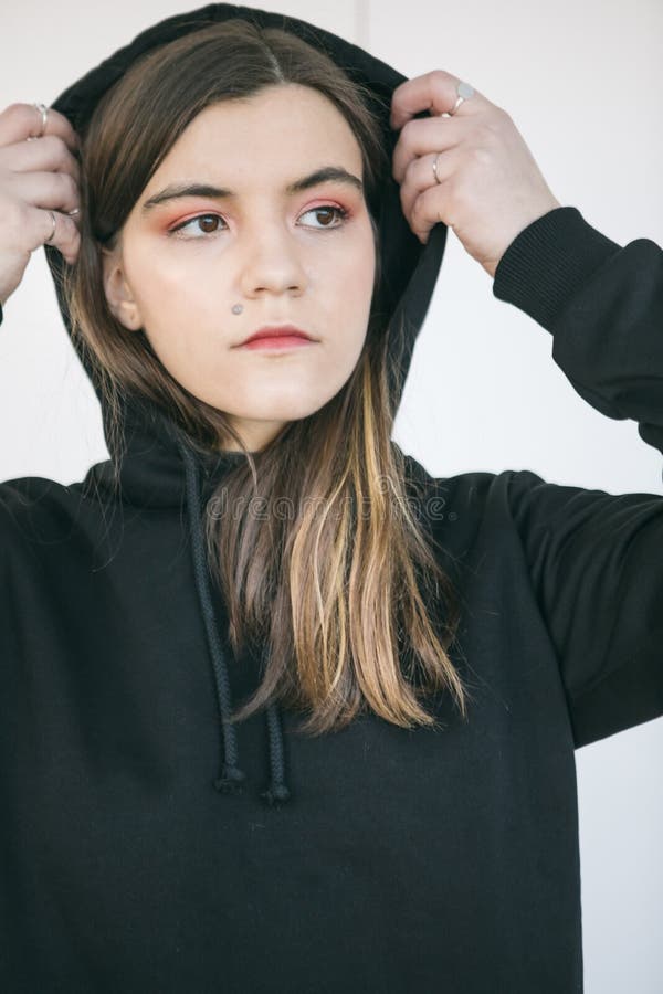 Balck Hoodie Jumper. Portrait of Young Beautiful Hipster Girl Stock ... Balck Hoodie Jumper. Portrait of Young Beautiful Hipster Girl Stock ...