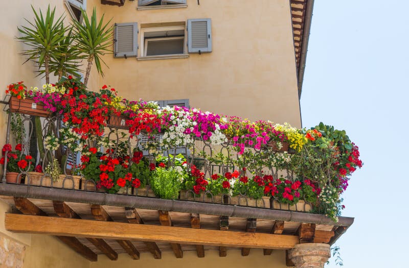 Balcon avec des fleurs image stock. Image du centrale - 77131261
