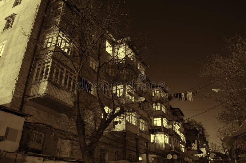 The Balconies of Soviet Apartment Buildings at Night in Sheki Stock ...