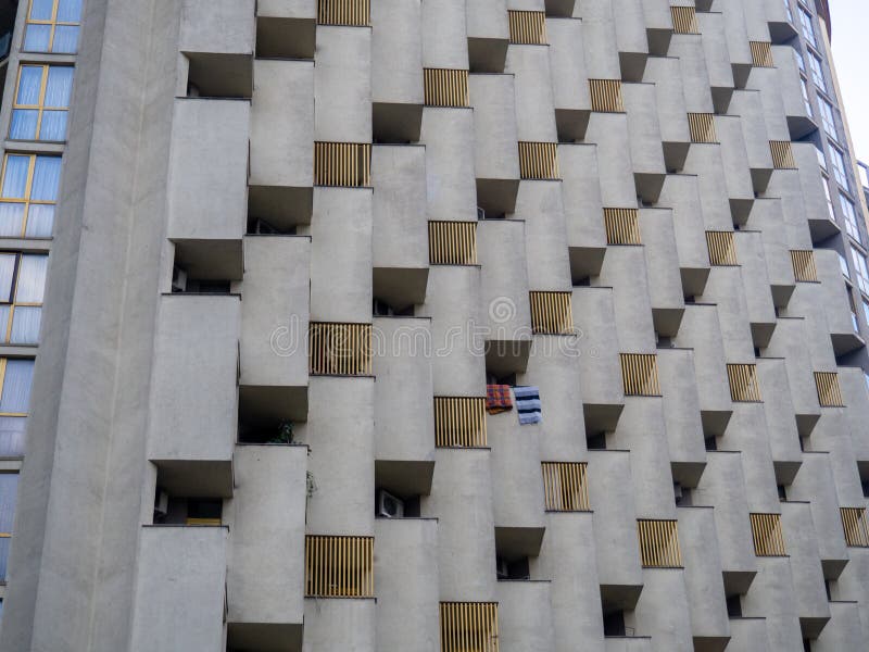 Balconies of Unusual Shape. Architecture Background. Uneven House. High ...