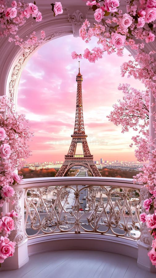 Balcony Adorned with Climbing Roses Overlooks the Eiffel Tower during a ...