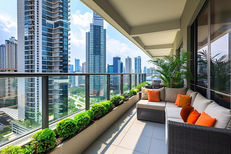 Balcony with Beautiful View of City with Skyscrapers Stock Illustration ...