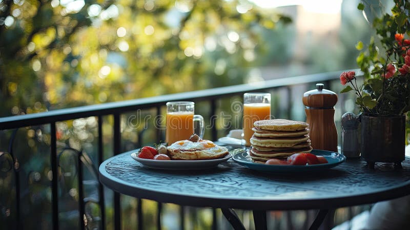 Balcony Breakfast with Eggs and Pancakes. Stock Photo - Image of hotel ...