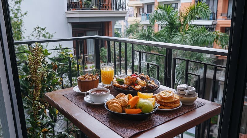 Balcony Breakfast Setup with Fresh Fruit and Pastries. Stock Photo ...