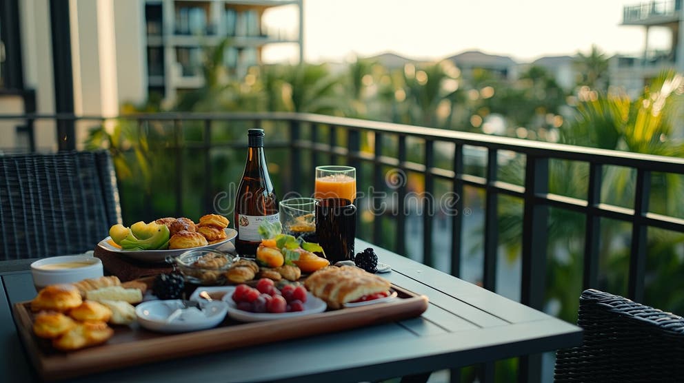 Balcony Breakfast Setup with Fresh Fruit and Pastries. Stock Image ...