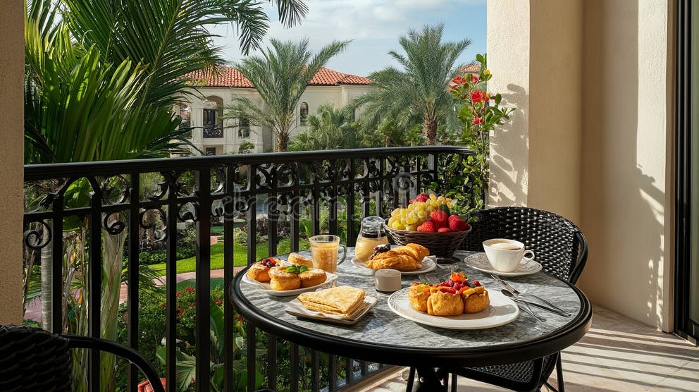 Balcony Breakfast Setup with Fresh Fruit and Pastries. Stock Photo ...