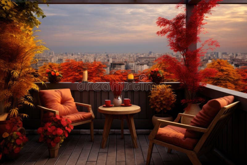 Balcony with Chairs and Table in Autumn Stock Illustration ...