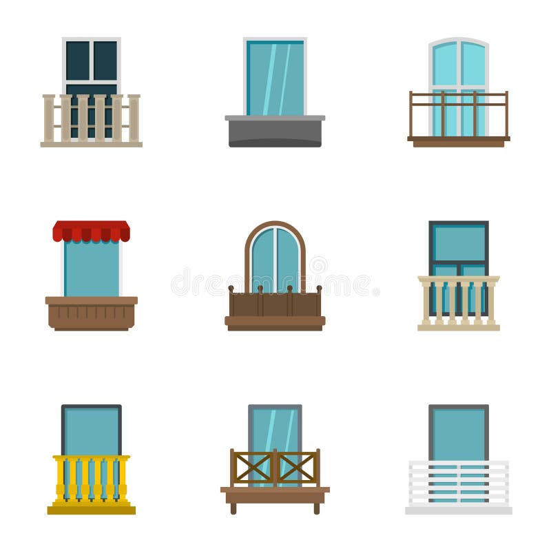 Balcony Icon Set, Flat Style Stock Vector - Illustration of glass ...