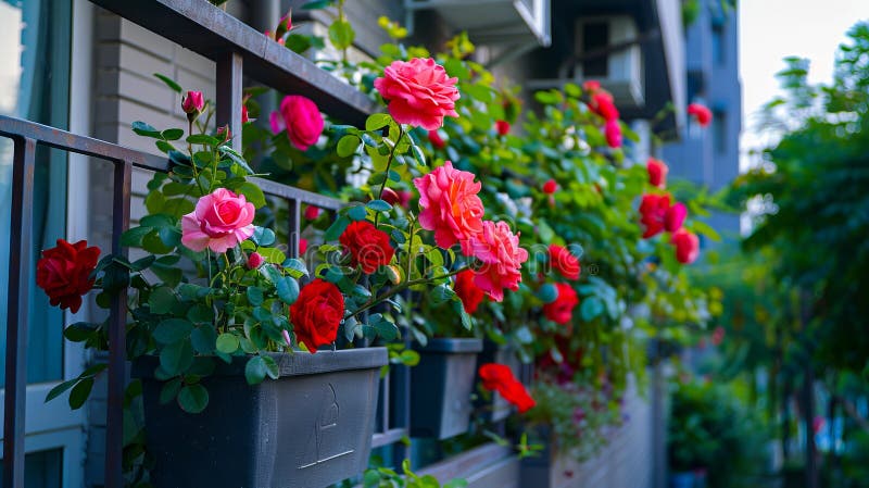A Balcony with Many Roses Growing in Pots Stock Image - Image of rose ...