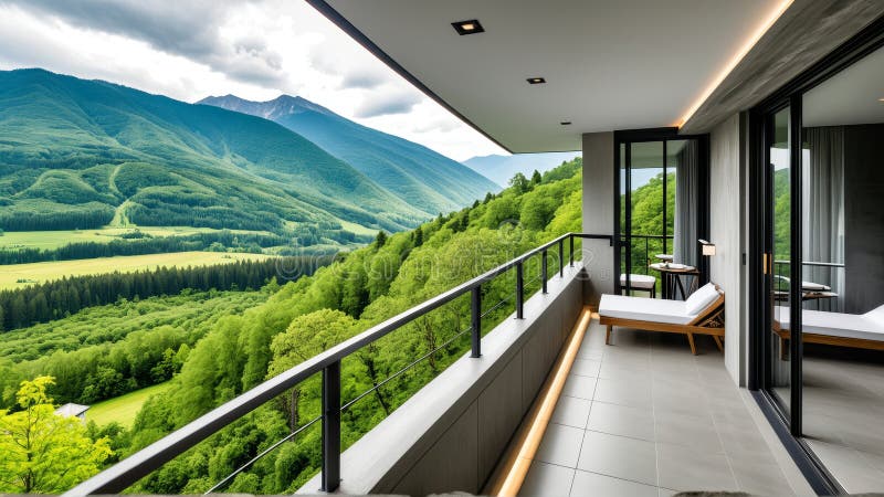 Balcony with Mountain and Forest View Featuring Panoramic Windows Stock ...