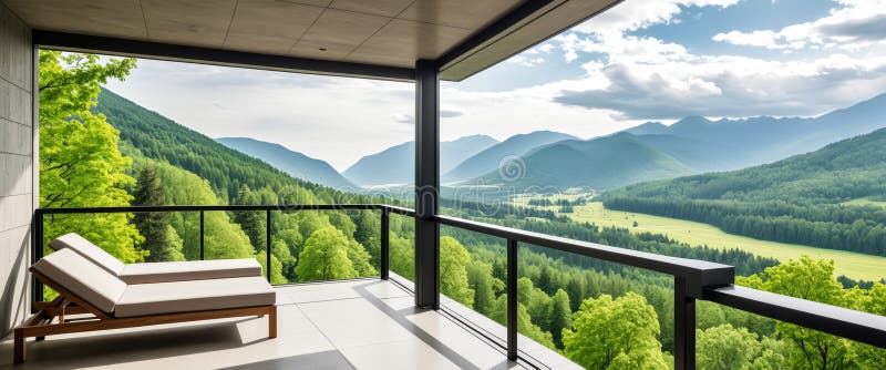 Balcony with Mountain and Forest View from Panoramic Windows Stock ...